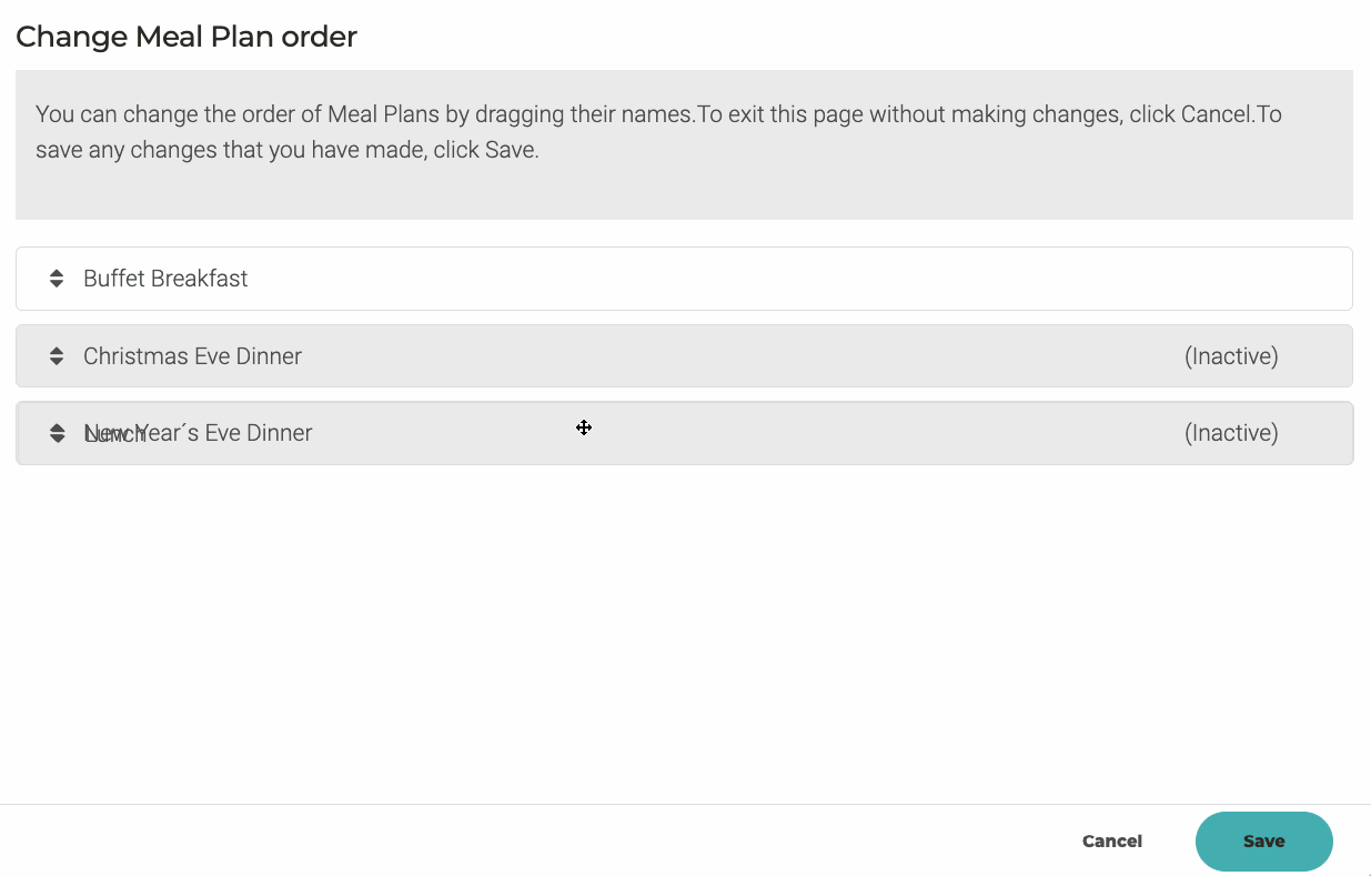 Change the order of Meal Plans